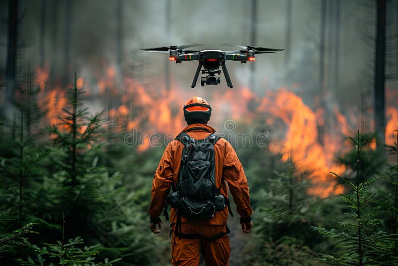 Drone Monitors a Forest Fire during Extinguishing. the Fireman Controls ...