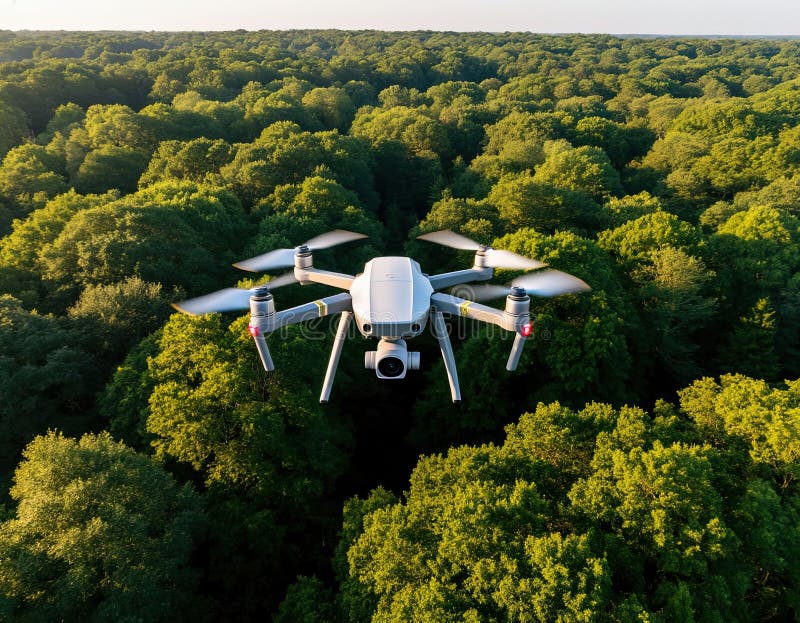 A Drone with a Mounted Camera Scans the Forest Canopy from Above. Stock ...