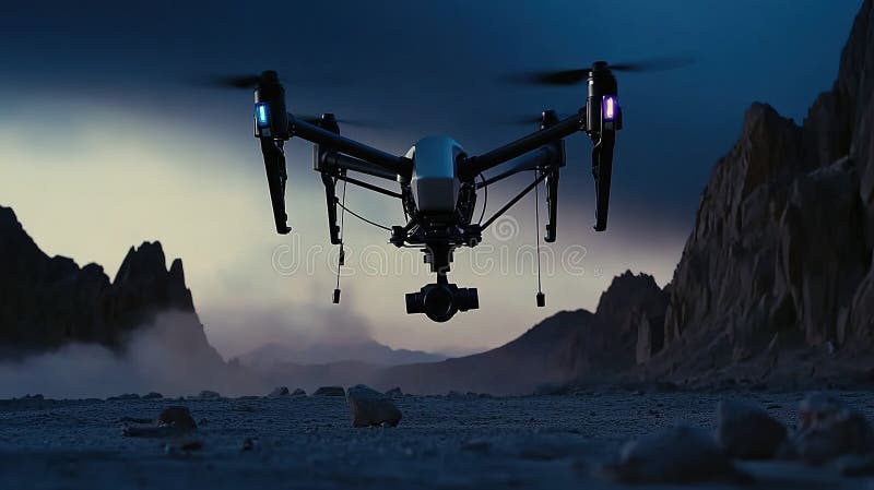 A Drone Flying Over Rocky Terrain during Twilight Hours, Capturing ...