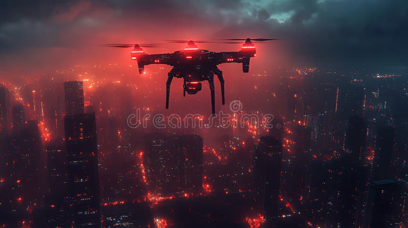Drone Night Flight Cityscape Red Lights Surveillance Stock Illustration ...