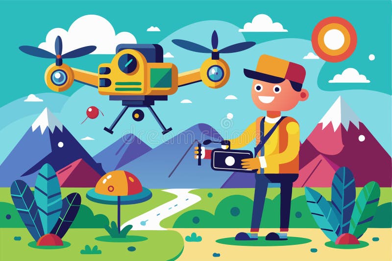 A Drone Operator Captures a Colorful Cartoon Scene Featuring Mountains ...