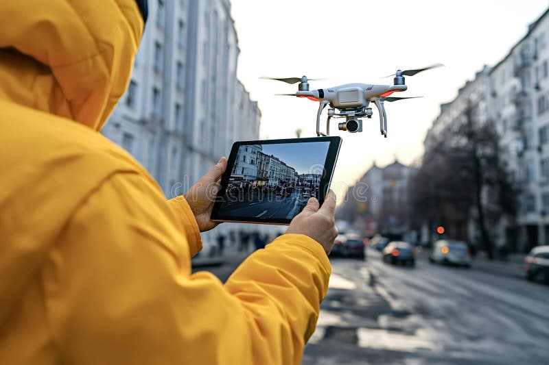 Drone Operator Controlling Uav Flight with Digital Tablet in Urban ...