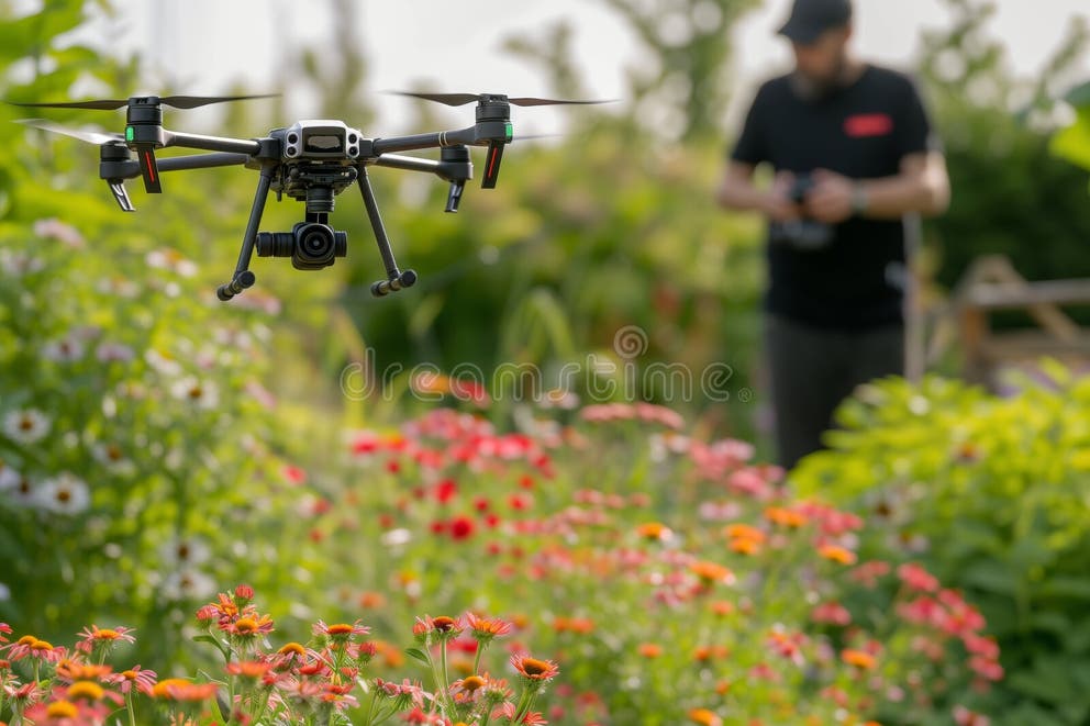 Drone Operator in a Garden with the Drone Hovering among Flowers Stock ...