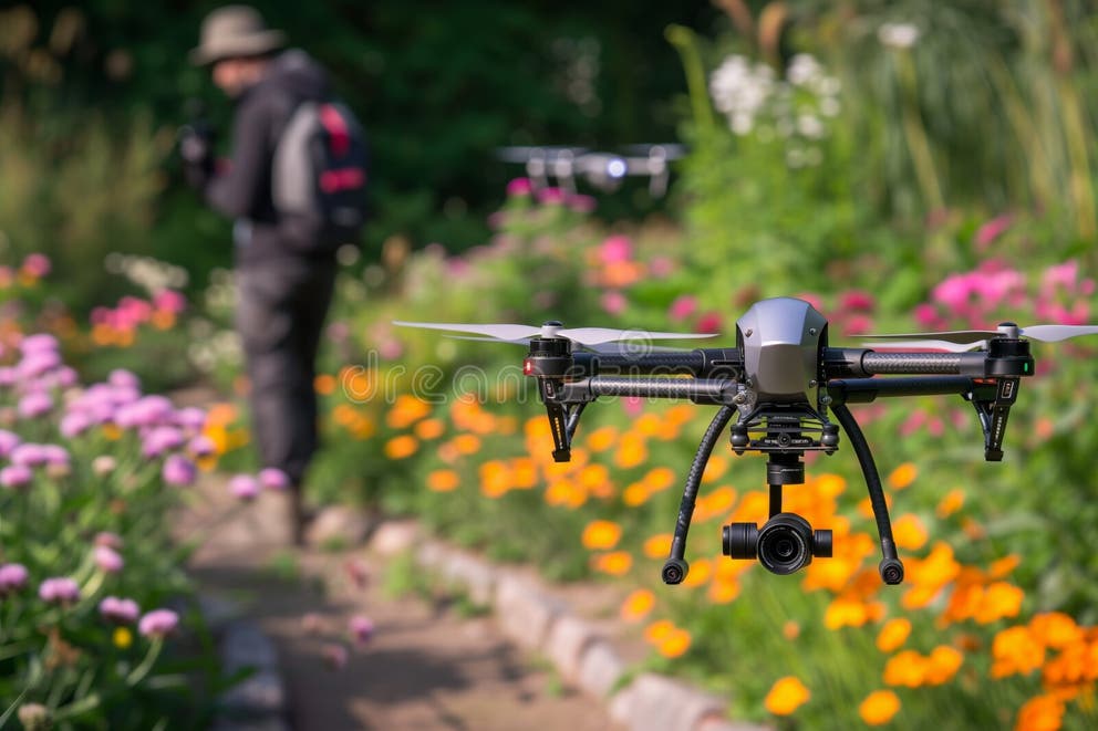 Drone Operator in a Garden with the Drone Hovering among Flowers Stock ...