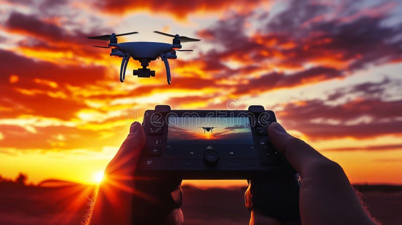 Drone Operator Piloting Flying Drone at Sunset with Remote Control ...