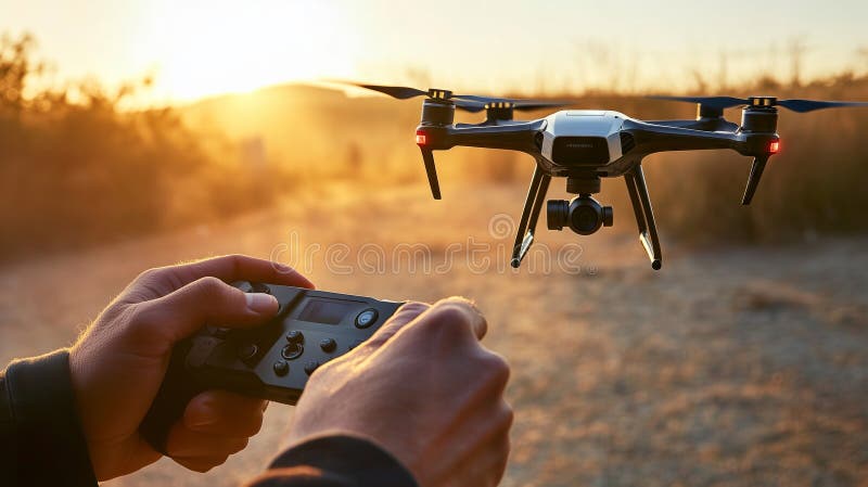 Drone Operator Piloting Quadcopter during Golden Hour Sunset Stock ...