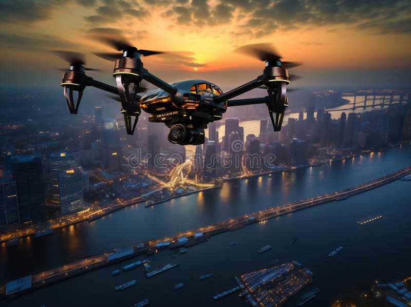 Drone Over Dystopian Cityscape at Sunset Stock Image - Image of ...