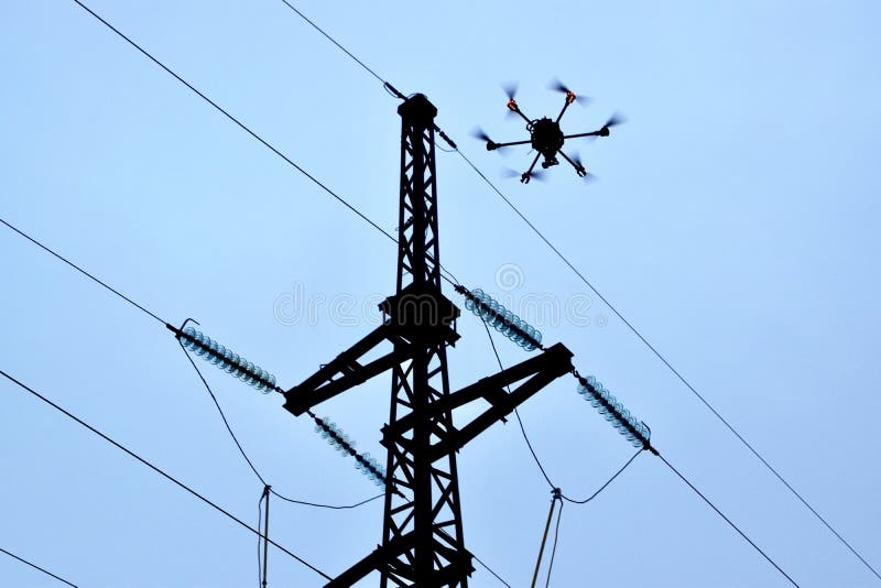 Drone over the power line stock photo. Image of work - 191910152