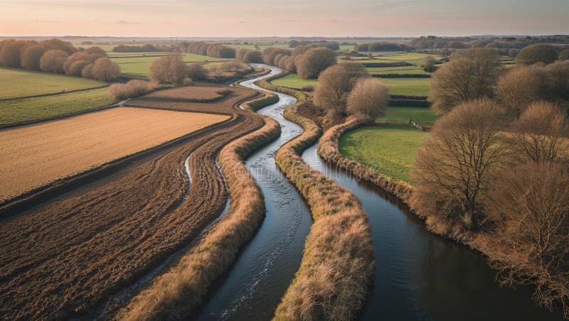 Drone Over Winding Country Stream Passing Fields and Sparse Trees Under ...