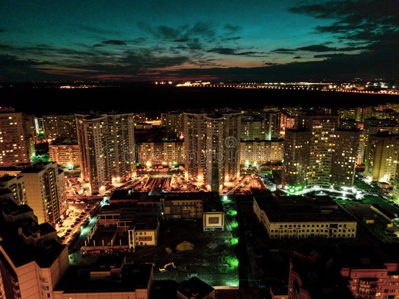 Drone Overlooking the City at Night, Lit Streets and Dark Sky Stock ...