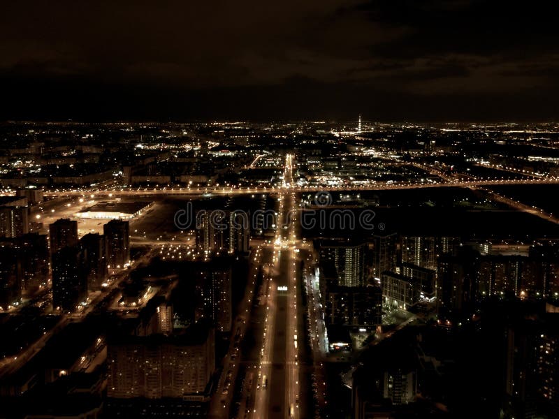 Drone Overlooking the City at Night, Lit Streets and Dark Sky Stock ...