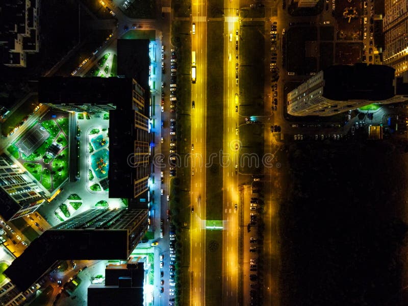 Drone Overlooking the City at Night, Lit Streets and Dark Sky Stock ...