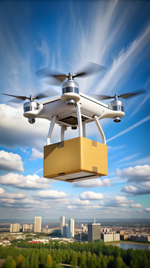 Drone with Package Flying in the Blue Sky. 3d Rendering Stock ...