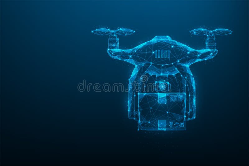 Drone with Package Low Poly Wireframe. Consisting of Points, Lines, and ...