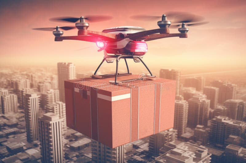 Drone with Packages Flying Over Building, Carrying Box with Delivery ...