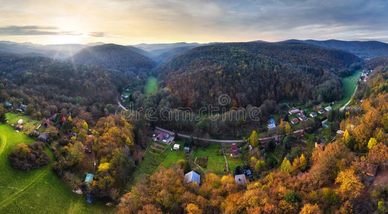 Drone Panorama of Autum Forest Mountain at Sunset Stock Photo - Image ...
