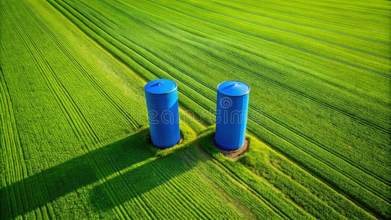 Drone Photography Captures Two Empty Blue Cylinders on a Vibrant Green ...
