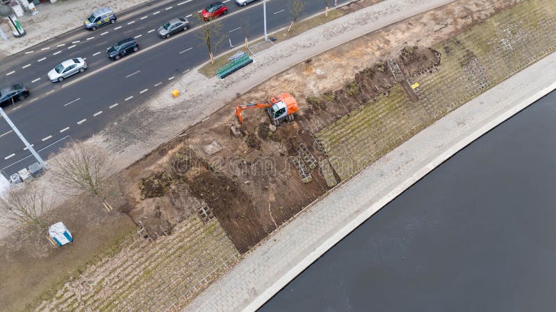 Drone Photography of Construction Workers Renovating and Old Sidewalk ...