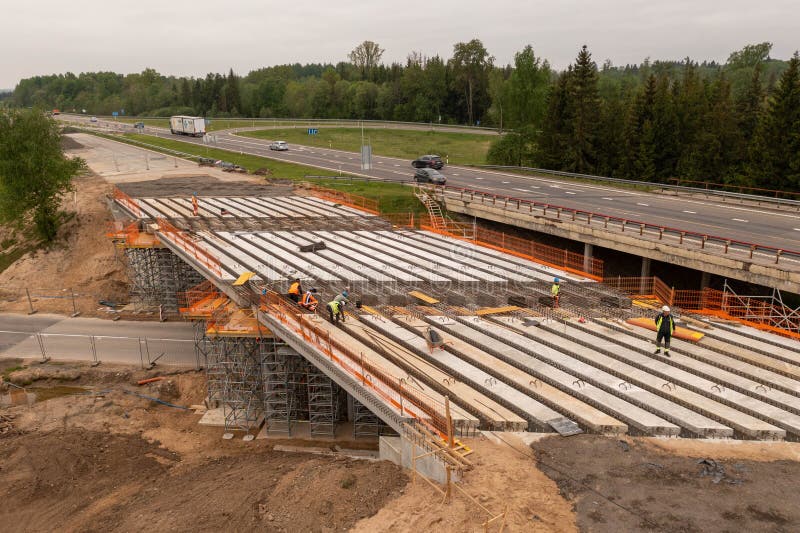 Drone Photography of Highway Bridge Being Built during Spring Day Stock ...