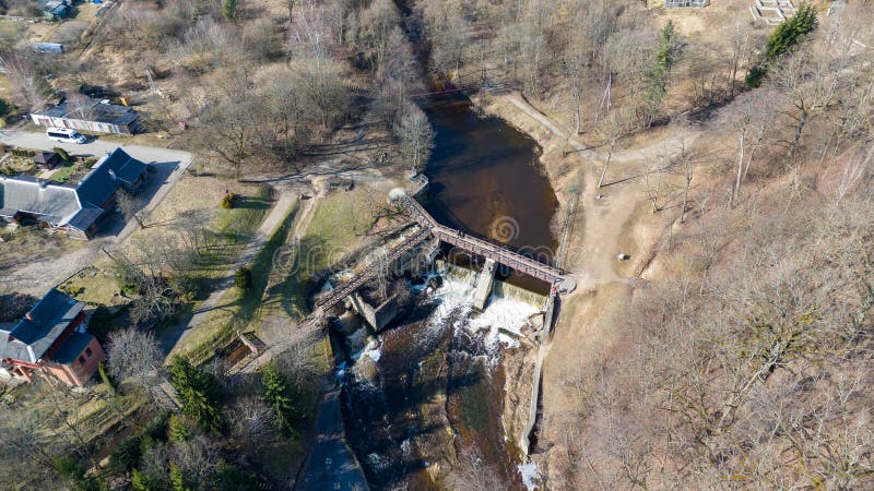 Drone Photography of Small Dam, Waterfall and Bridge Over it during ...