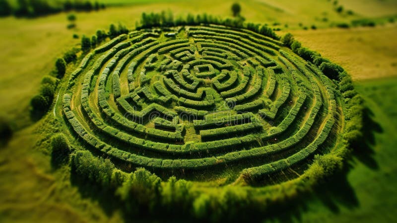 Drone Point of View of Grass Labyrinth on Field. Landscape with ...
