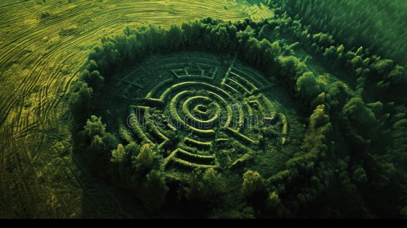 Drone Point of View of Grass Labyrinth on Field. Landscape with ...