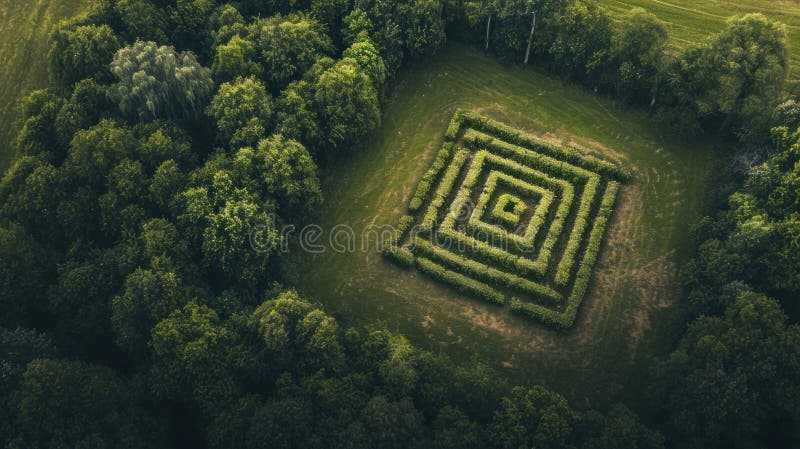 Drone Point of View of Grass Labyrinth on Field. Landscape with ...
