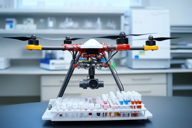 Drone Equipped for Laboratory Research with Sample Vials on Table Stock ...