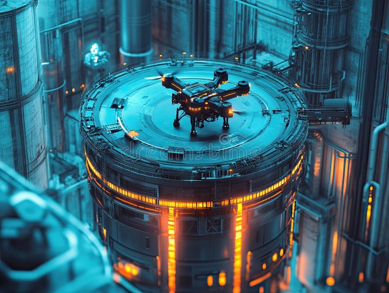 Industrial Drone Hovering Above Futuristic Platform in a High-tech ...