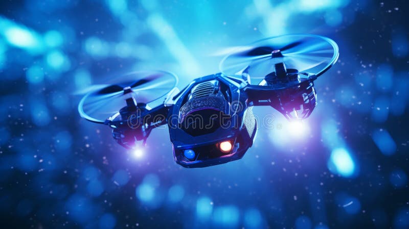 Drone Quadcopter with Digital Camera Flying in Blue Light Stock Image ...