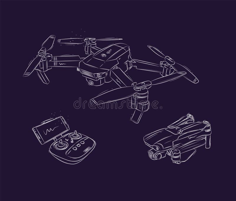 Drone Quadcopter Folded, Unfolded and Remote Controller Blue Bg Stock ...