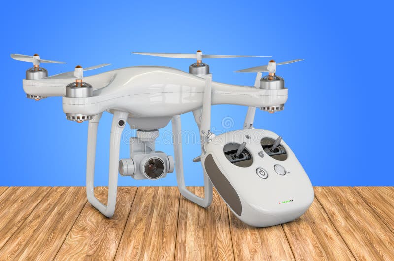Drone Quadrocopter with Remote Control on the Wooden Table. 3D ...