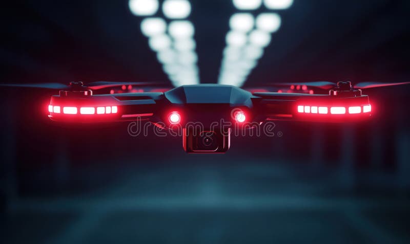 Drone with Red Lights and Camera, Futuristic Design, Hovering in Dark ...