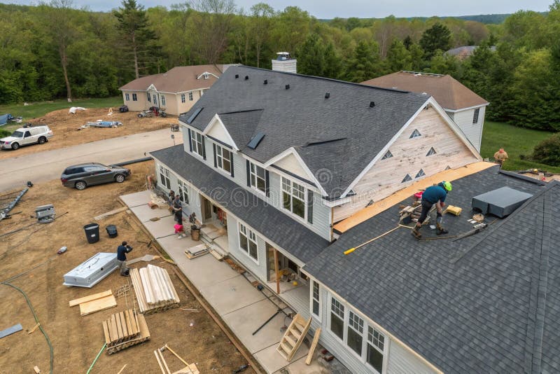 Aerial View of Roofing Construction Site with New Window Stock ...