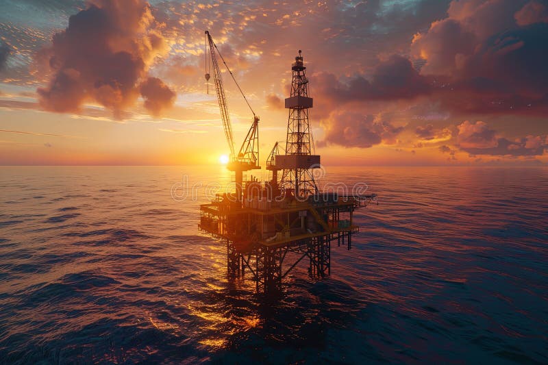 Drone-shot Hyperrealism Open Water Oil Rig Platform at Sunset AI Image ...
