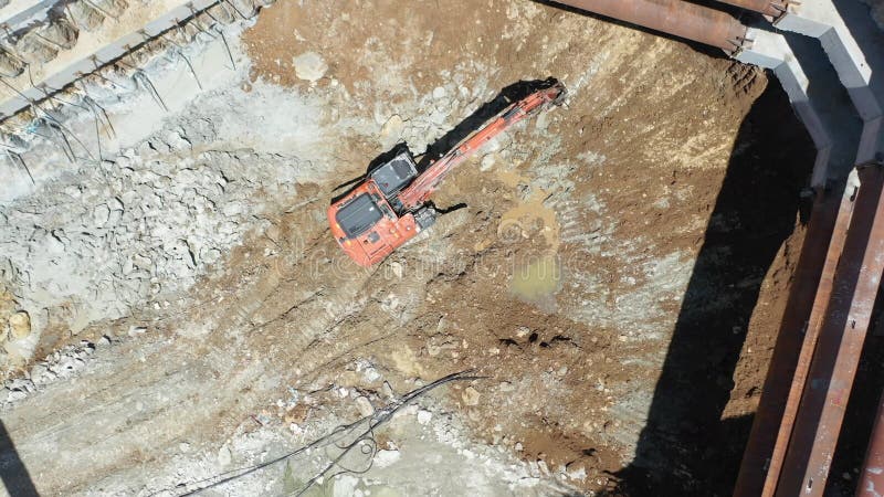 Drone Shot of a Machine Drilling and Digging into the Ground. Stock ...