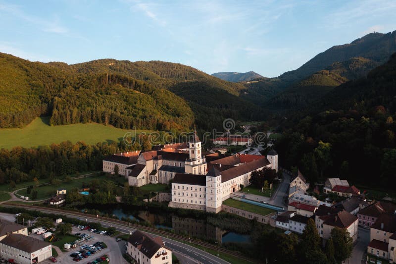 Drone Shot of a Monastery in the Town of Lilienfeld with Mountain ...