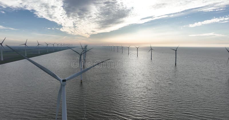 Drone Shot of Offshore Wind Turbines Working with Seascape and Cloudy ...