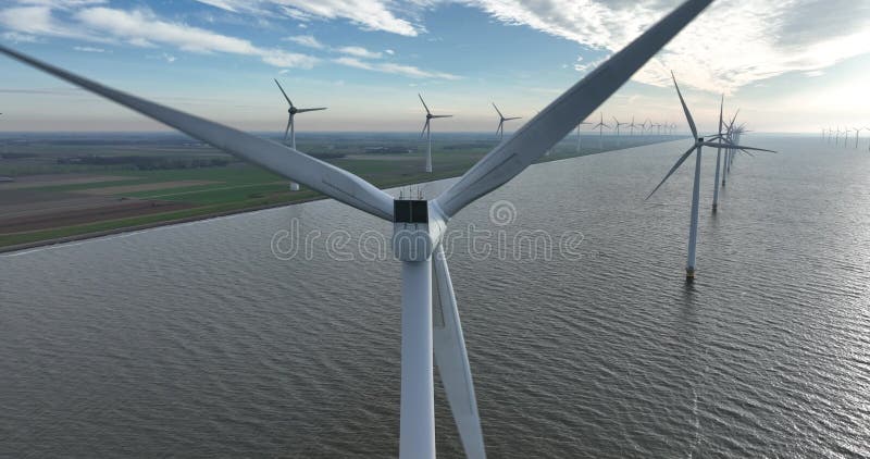 Drone Shot of Offshore Wind Turbines Working with Seascape and Cloudy ...