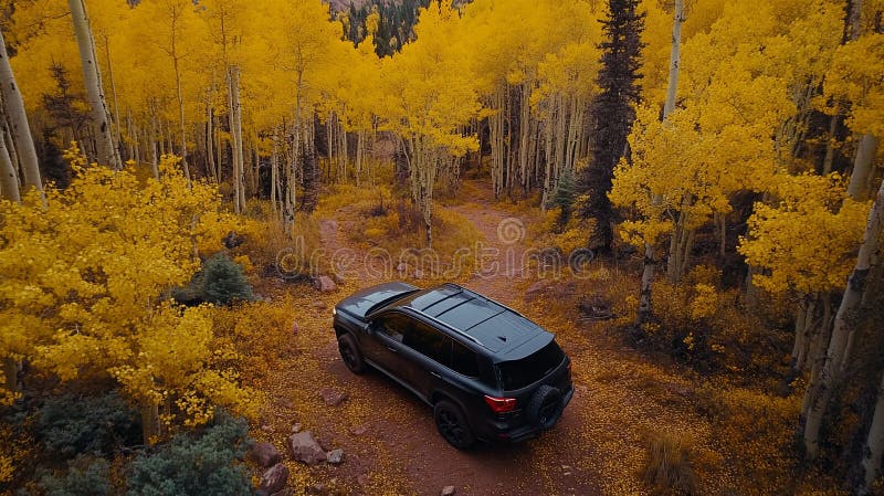 Drone Shot of SUV Parked in Vibrant Autumn Forest Clearing . Stock ...