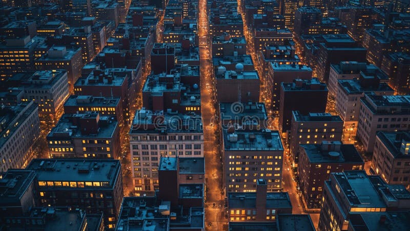 Drone Shot of Tight City Grid with Glowing Window Patterns and Rooftop ...