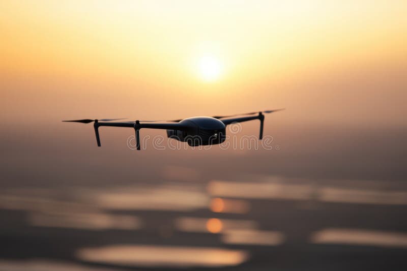 Drone Silhouette Flying Over Water Sunset Serene Scene Stock Photos ...