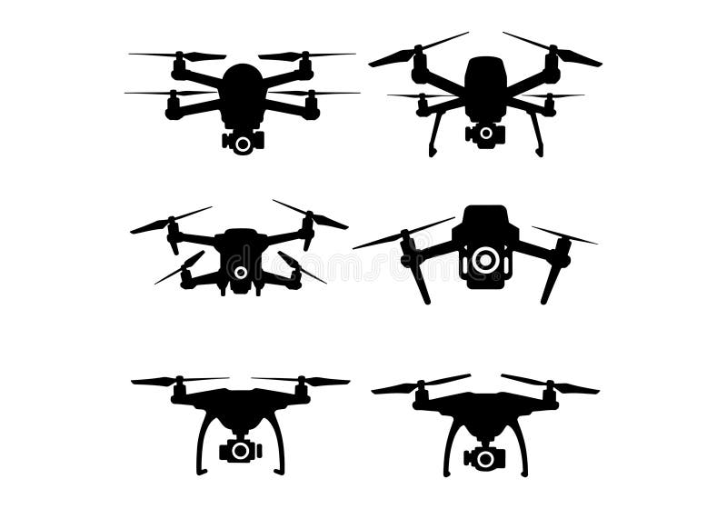 Drone Silhouette Icons - Set of Six Drone Action Poses with Camera and Flight Angles for Tech ...