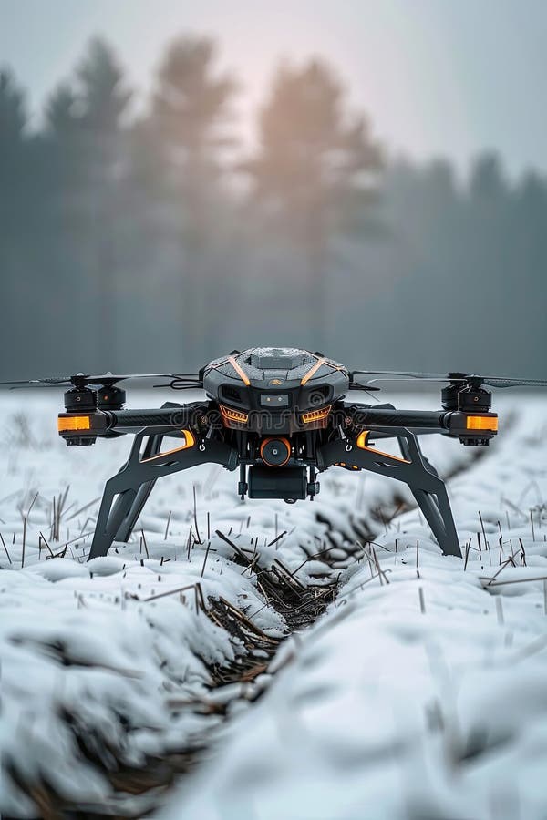 Drone on Snowy Terrain with Forest Backdrop. Stock Image - Image of ...