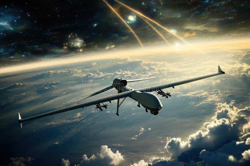 Drone Flying Above Earth with Cosmic Events in the Background during ...
