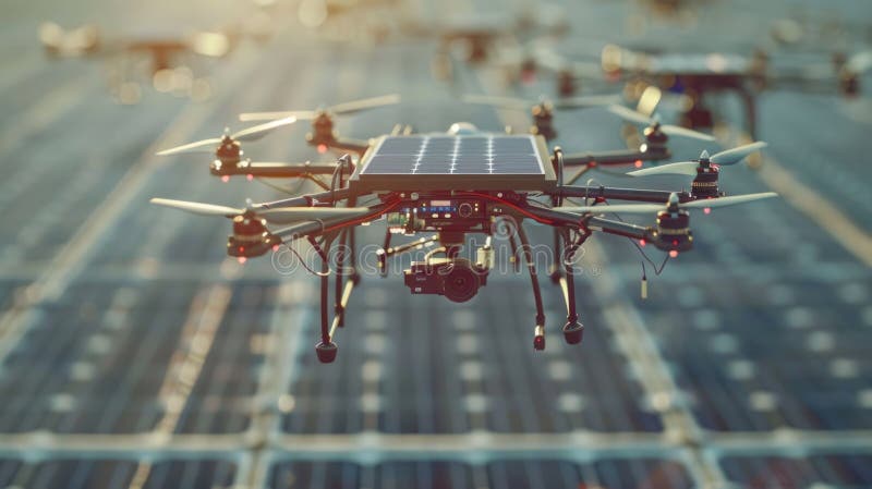 Drone with Solar Panel Flying Over Solar Panels Stock Illustration ...