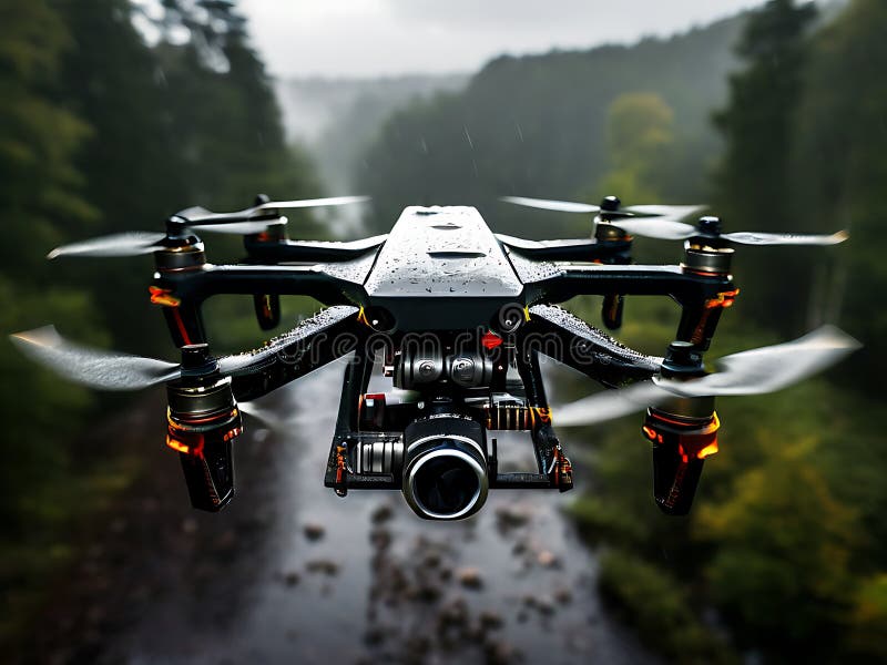 Drone Flying through Rain Over a River Stock Illustration ...