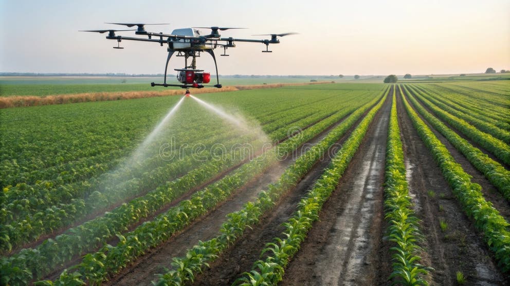 Drone Spraying Crops in Cultivated Field, Implementing Modern ...