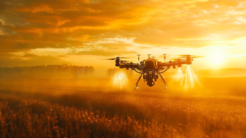 A Drone Spraying a Field at Sunset Stock Photo - Image of sunset ...