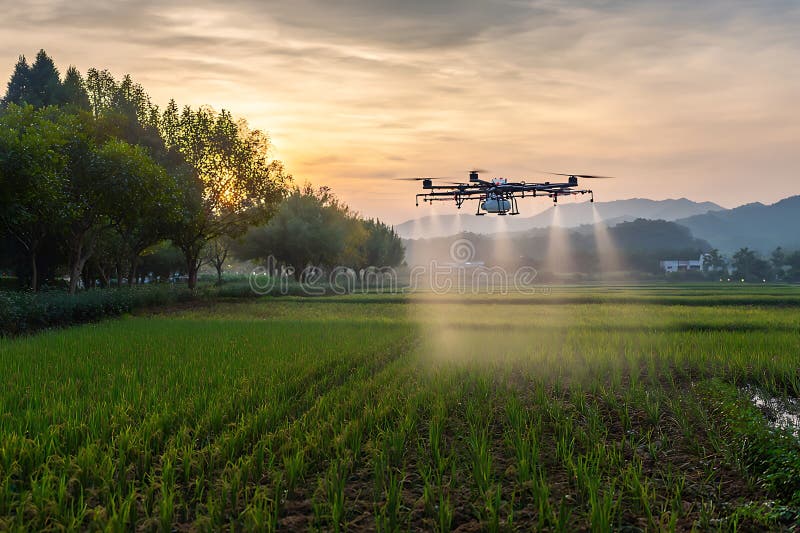 A Drone Spraying Techniques on Rice Fields in the Morning Light Stock ...